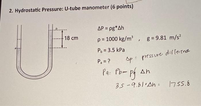 Solved 2. Hydrostatic Pressure: U-tube manometer (6 points) | Chegg.com