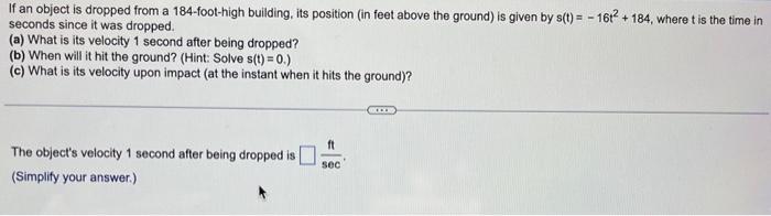 Solved If an object is dropped from a 184 -foot-high | Chegg.com