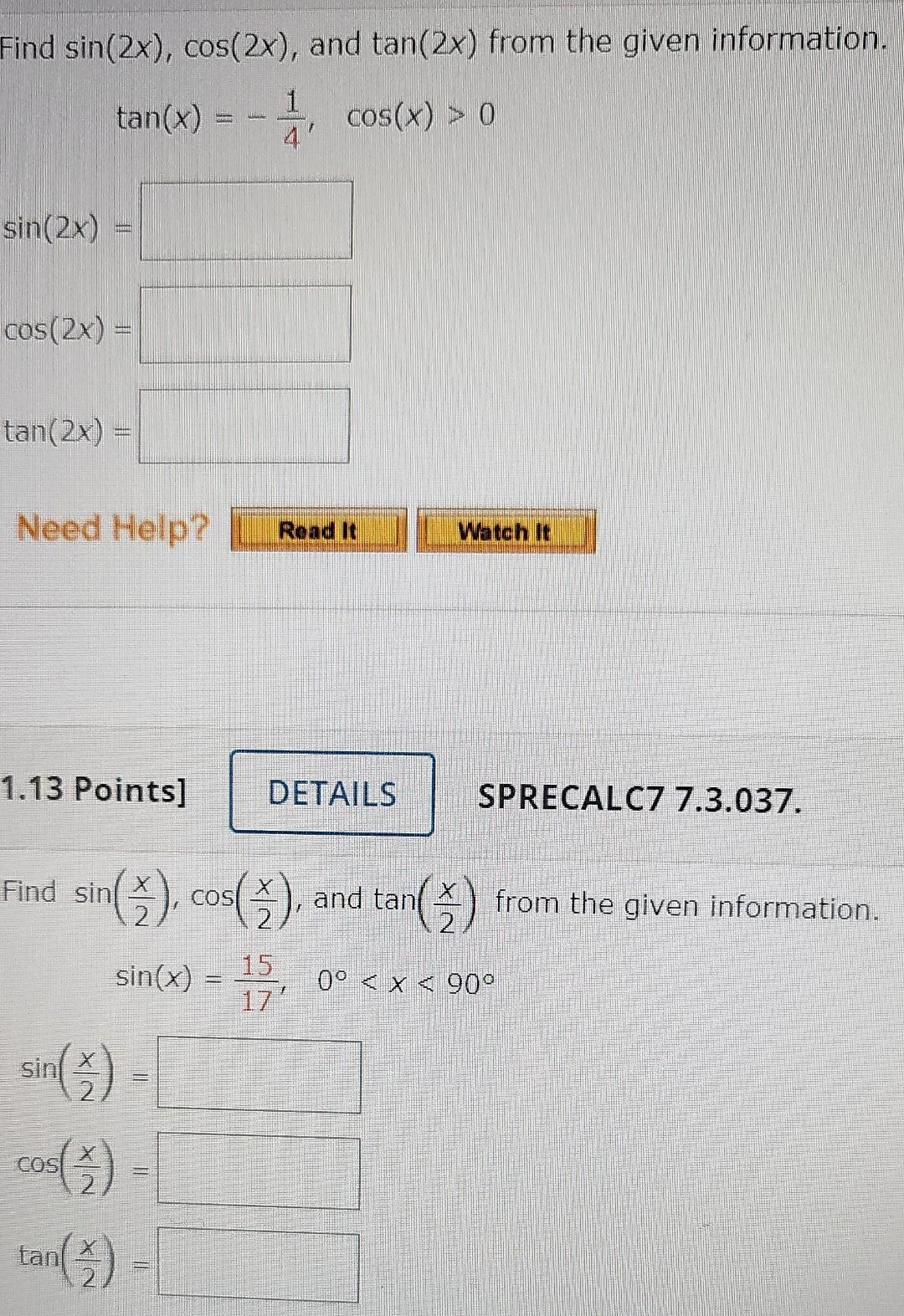 Solved Find sin(2x),cos(2x), and tan(2x) from the given | Chegg.com