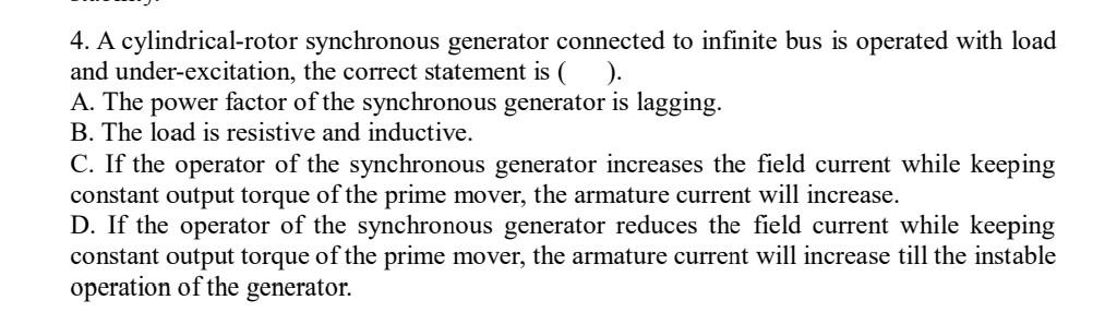 Solved 4. A cylindrical-rotor synchronous generator | Chegg.com