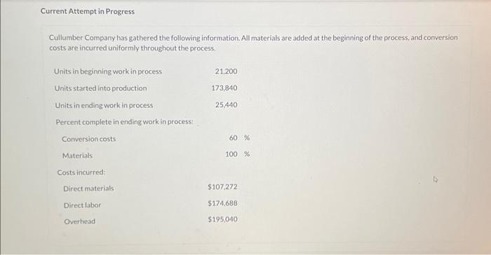 Solved Current Attempt in Progress Cullumber Company has | Chegg.com