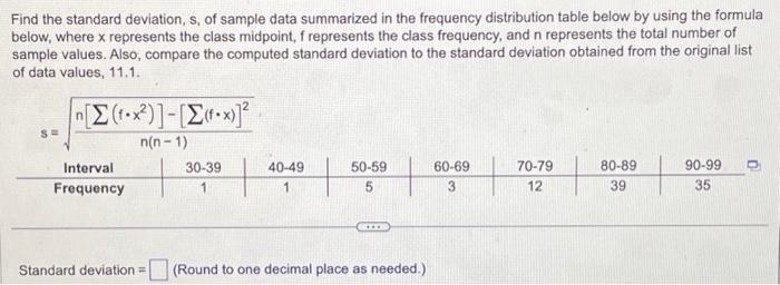Solved Find the standard deviation, s, of sample data | Chegg.com