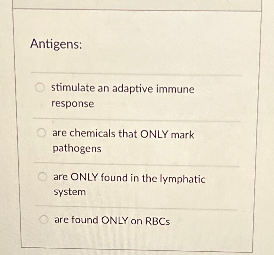 Solved Antigens:stimulate an adaptive immune responseare | Chegg.com