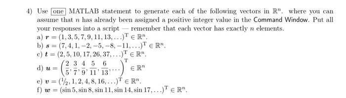 Solved 3) Use one MATLAB statement to generate each of the | Chegg.com