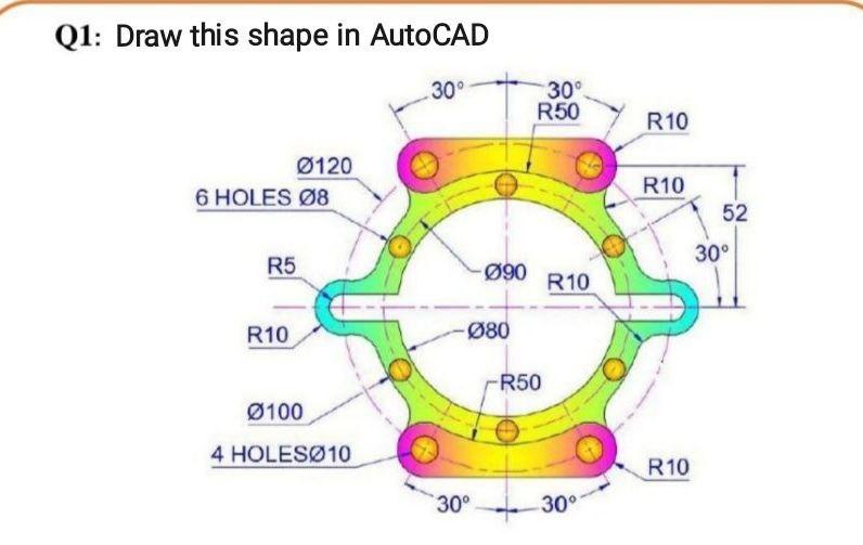 Solved Q1: Draw this shape in AutoCAD 30° 30° R50 R10 0120 6 | Chegg.com
