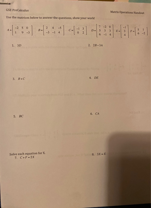 Solved Gse Precalculus Matrix Operations Handout Use The
