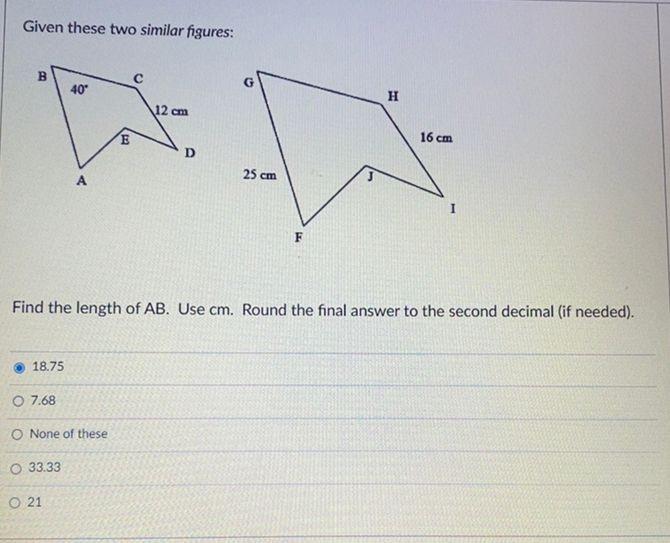Solved Given these two similar figures: B C 40 H 12 cm E 16 | Chegg.com