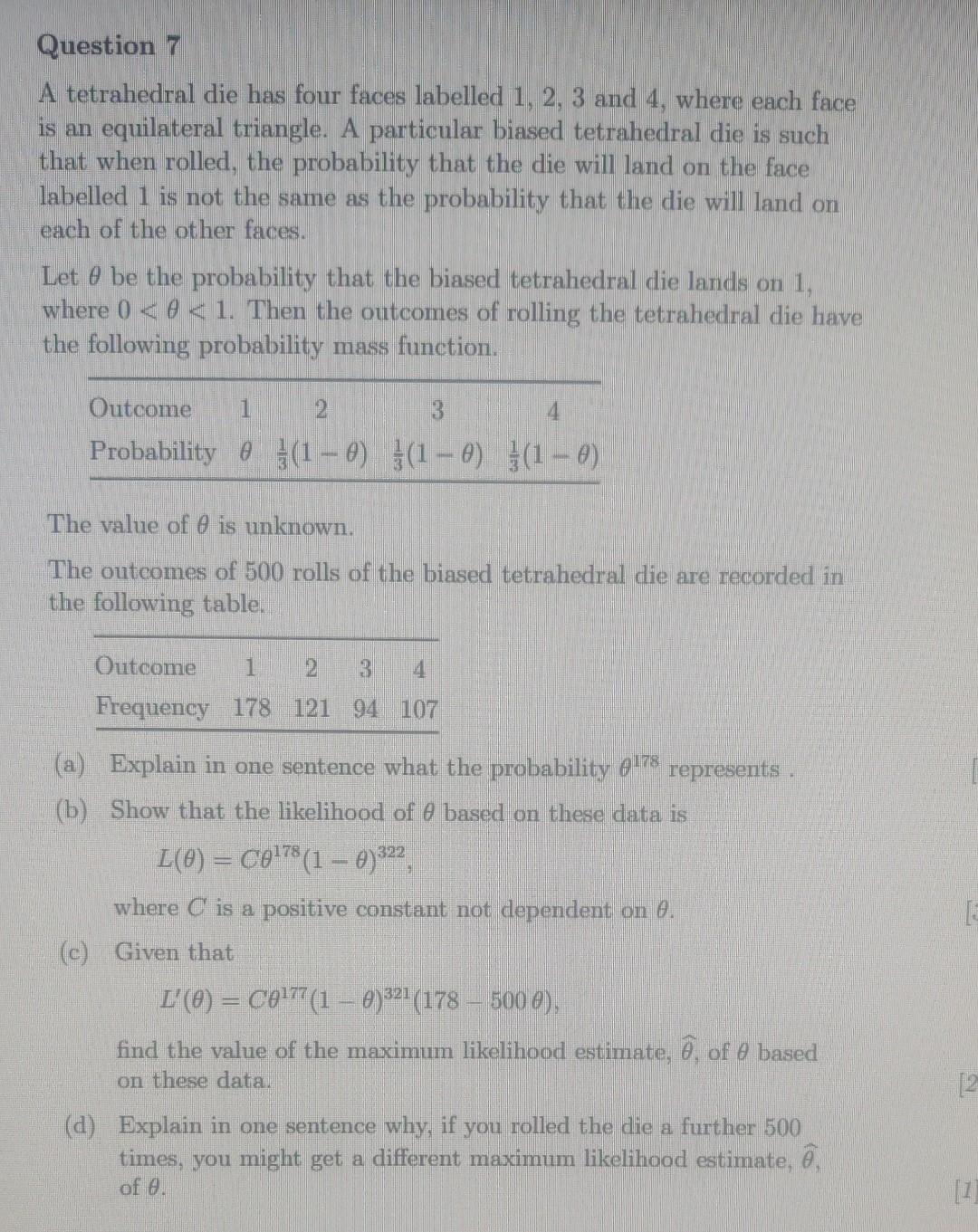 Question 7 A tetrahedral die has four faces labelled | Chegg.com