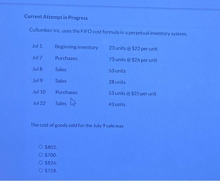 Solved Current Attempt in Progress Cullumber Inc. uses the | Chegg.com