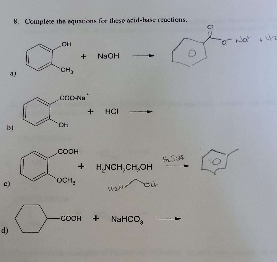 Solved 8. Complete the equations for these acid-base | Chegg.com