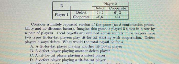 D Player 2 Defect Cooperate Defect -2-2 Player 1 6 -3 | Chegg.com