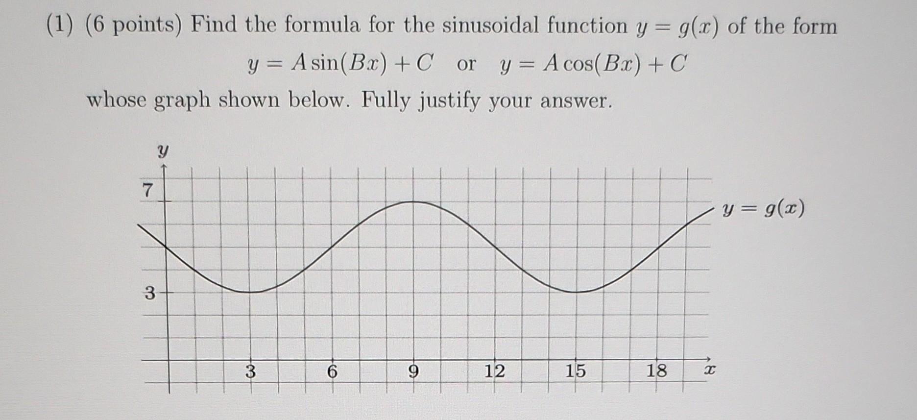 Solved ( 6 points) Find the formula for the sinusoidal | Chegg.com