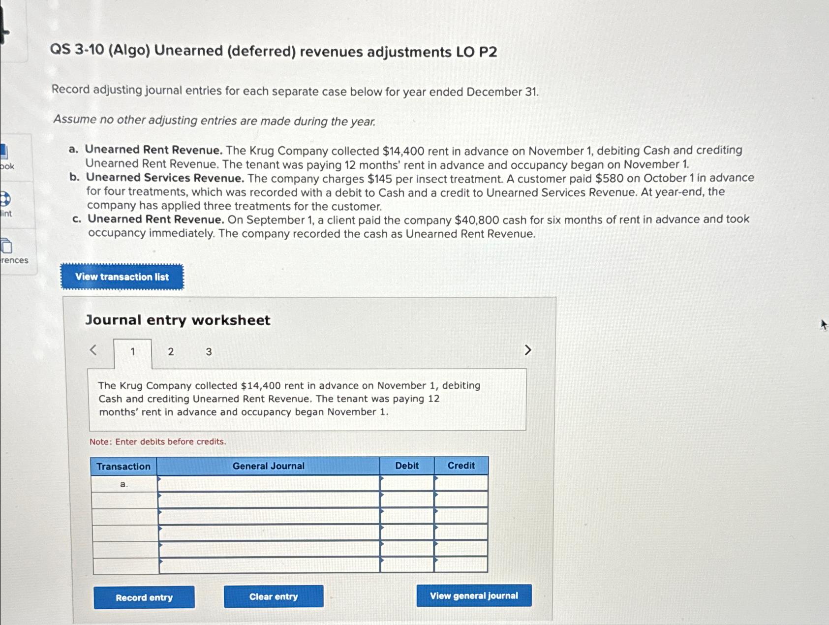 Solved QS 3-10 (Algo) ﻿Unearned (deferred) ﻿revenues | Chegg.com