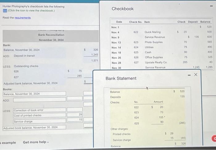 Solved Hunter Photography's checkbook lists the following: | Chegg.com