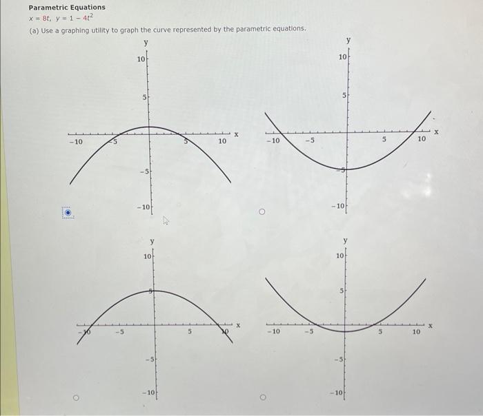 Solved Parametric Equations x=8t,y=1−4t2 (a) Use a graphing | Chegg.com