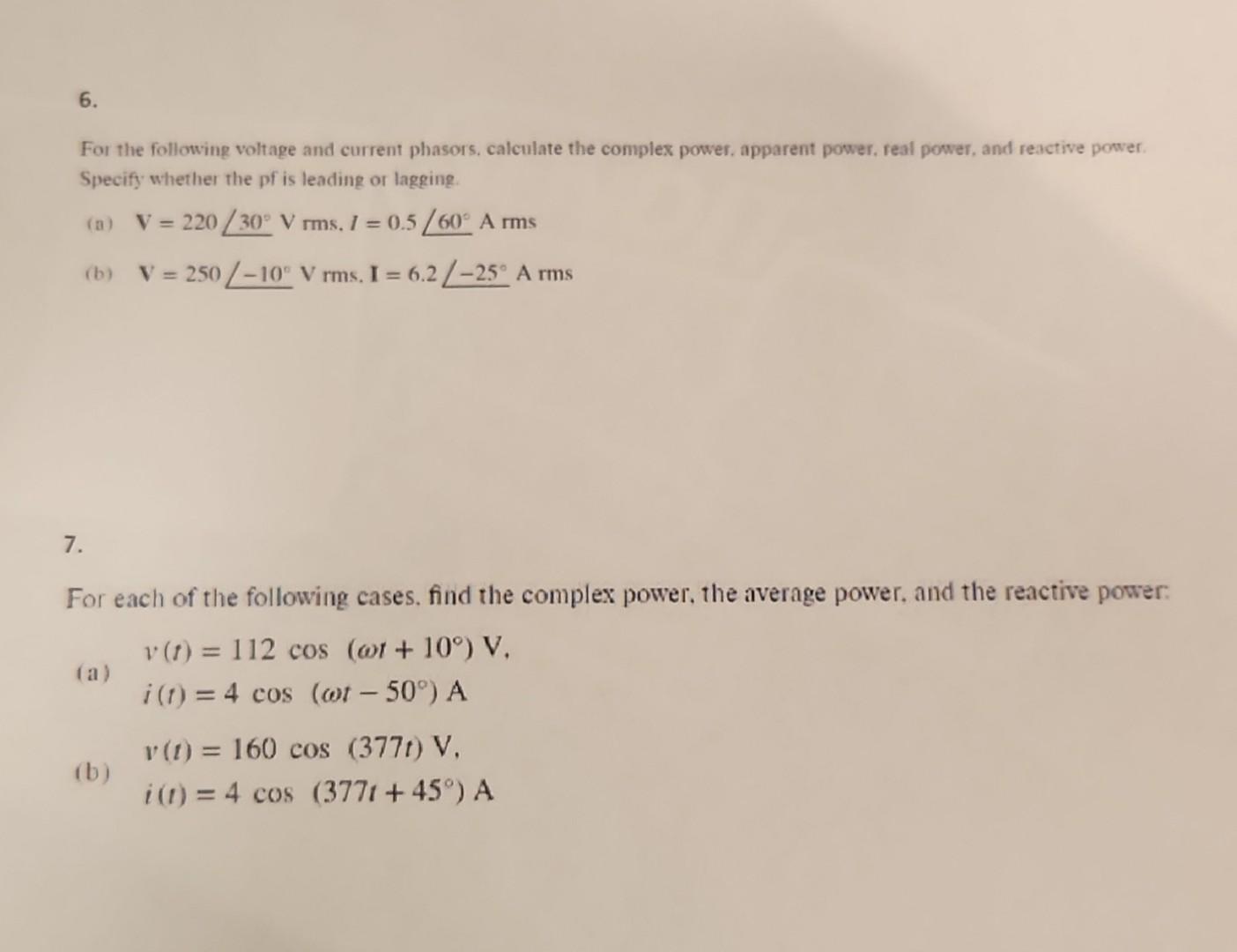 Solved For The Following Voltage And Current Phasors