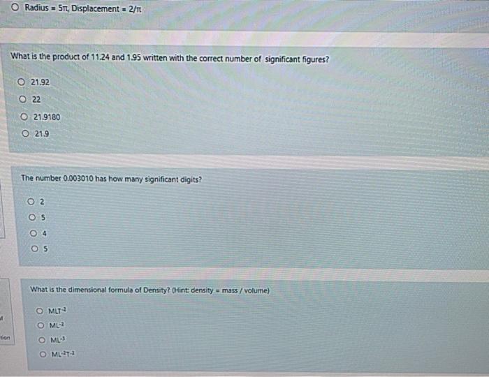 Solved Radius - St, Displacement = 2/1 What is the product | Chegg.com