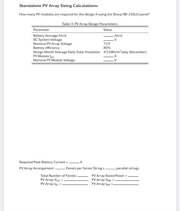 Solved Standalone PV Array Sizing Calculations: How many PV | Chegg.com