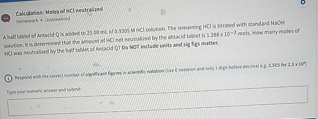 Solved Calculation: Moles of HCl neutralized Homework | Chegg.com