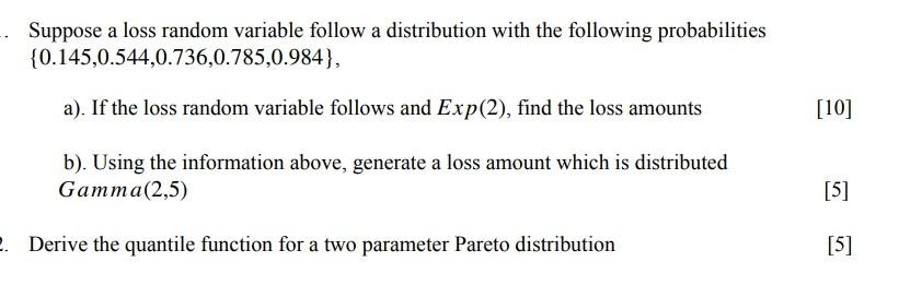 Suppose a loss random variable follow a distribution | Chegg.com