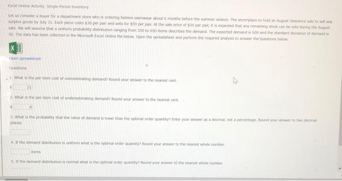Excel Onine Activity: Single-penod imentiory surplus | Chegg.com