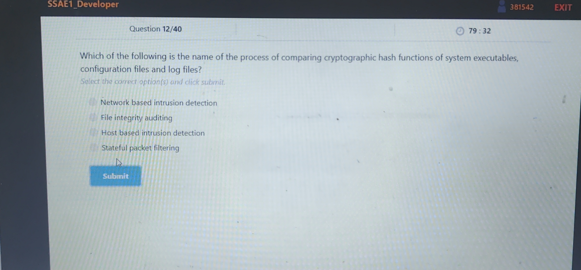 Solved SSAE1_Developer381542EXITQuestion 12/4079:32Which of | Chegg.com