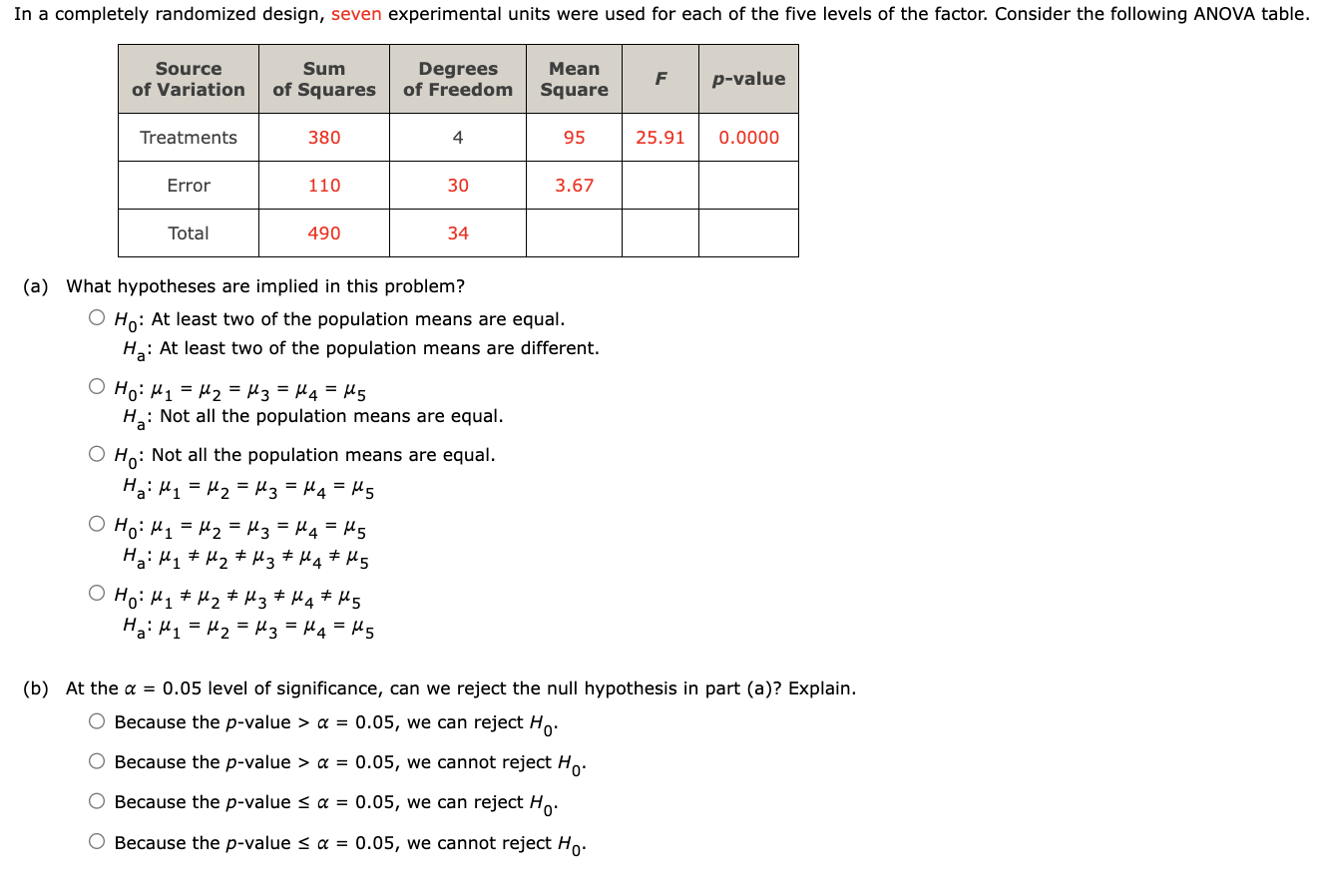 Solved In a completely randomized design, seven experimental | Chegg.com