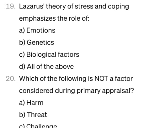 Solved Lazarus' theory of stress and coping emphasizes the | Chegg.com