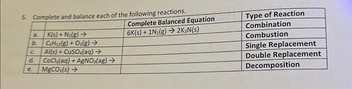 Solved 5. Complete and balance each of the following | Chegg.com