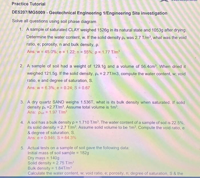 Solved Practice Tutorial DE5207/MG5009 - Geotechnical | Chegg.com