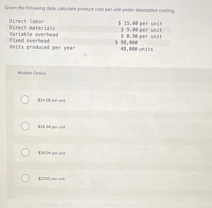 Solved Given the following data, calculate product cost per | Chegg.com