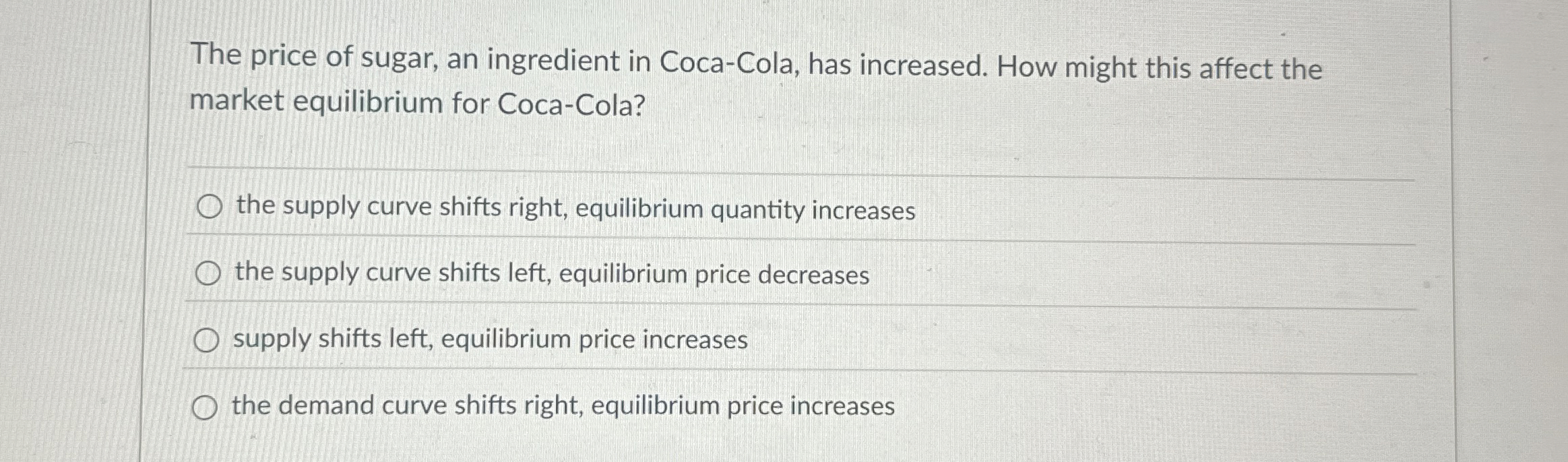 Solved The price of sugar, an ingredient in Coca-Cola, has | Chegg.com