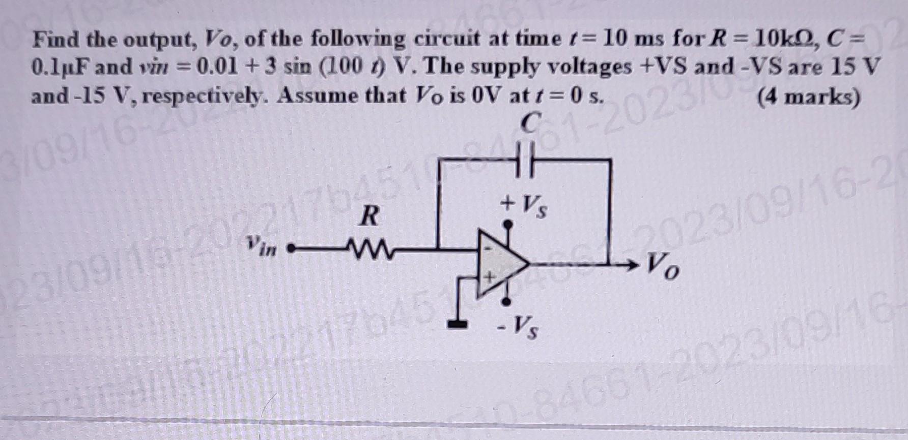 Solved Find the output, Vo, of the following circuit at time | Chegg.com