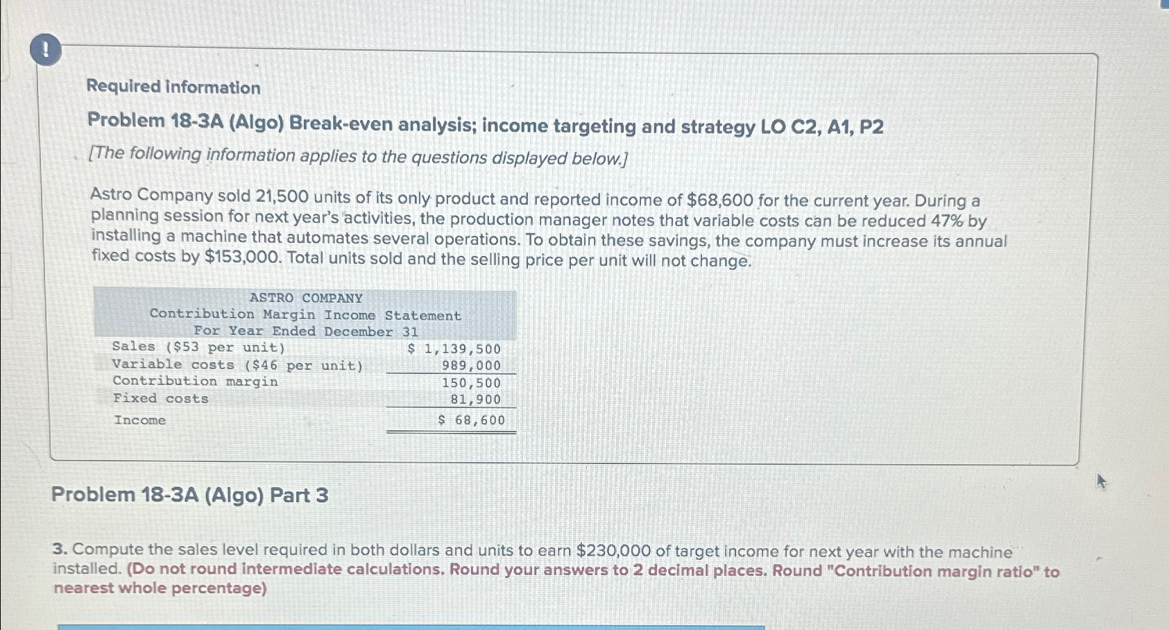 Solved !Required informationProblem 18-3A (Algo) ﻿Break-even | Chegg.com
