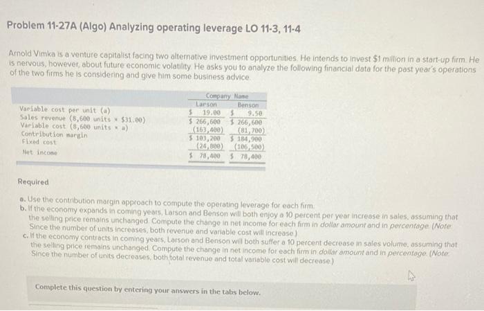 Solved Problem 11-27A (Algo) Analyzing operating leverage LO | Chegg.com