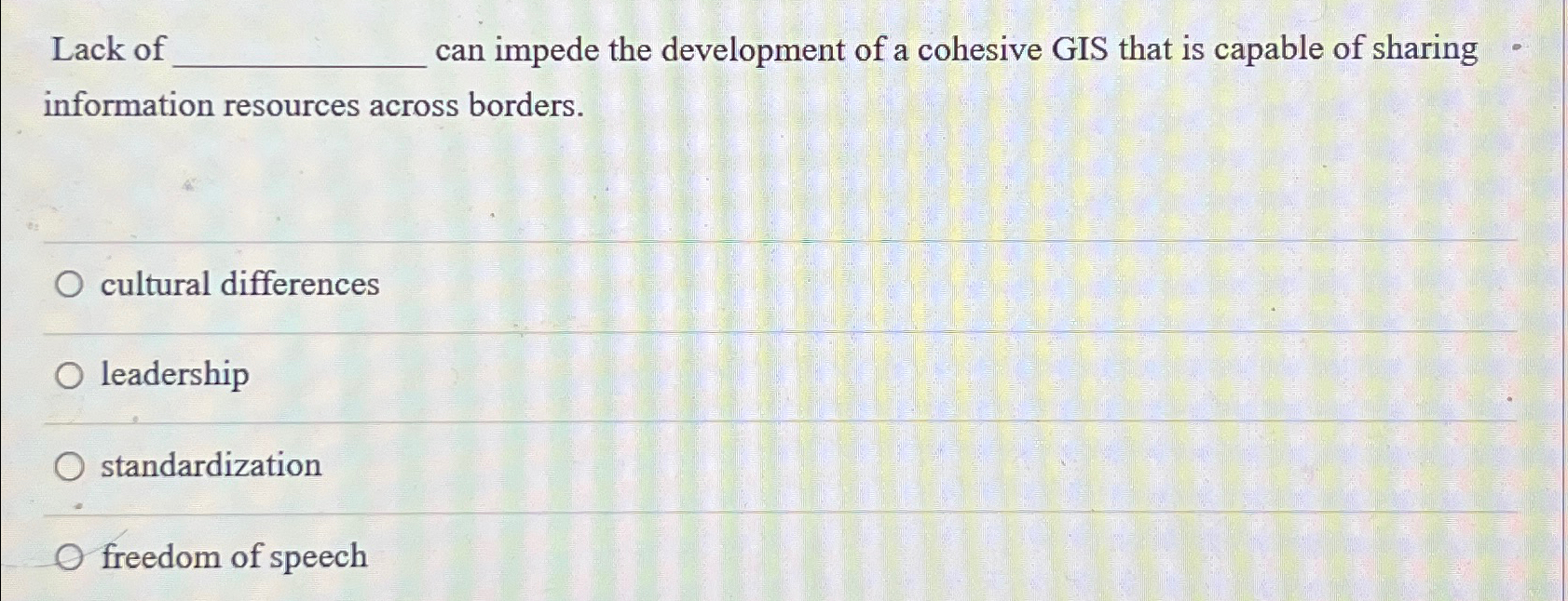 Solved Lack of can impede the development of a cohesive GIS | Chegg.com