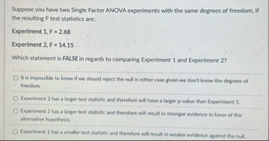 Solved Suppose you have two Single Factor ANOVA experiments | Chegg.com