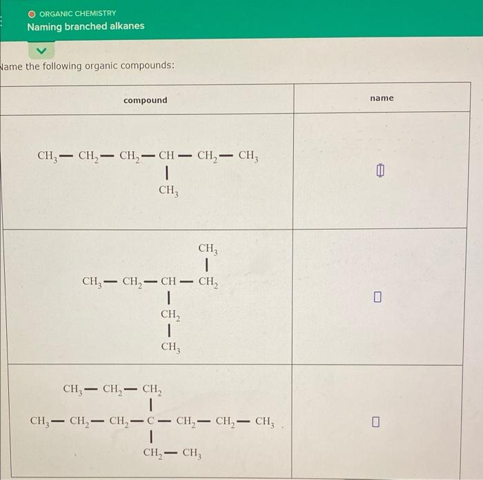 Solved O ORGANIC CHEMISTRY Naming branched alkanes Name the | Chegg.com