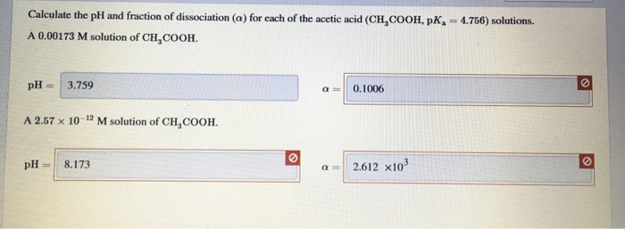 Solved Calculate the pH and fraction of dissociation (a) for | Chegg.com
