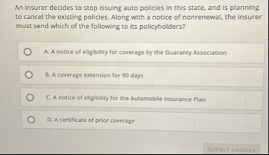 Solved An insurer decides to stop issuing auto policies in | Chegg.com