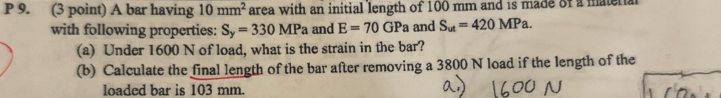 Solved P 9. (3 ﻿point) ﻿A bar having 10mm2 ﻿area with an | Chegg.com