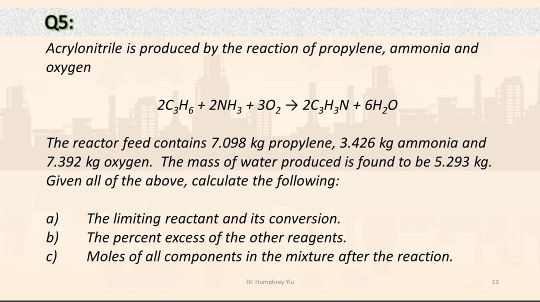 Solved Acrylonitrile is produced by the reaction of | Chegg.com