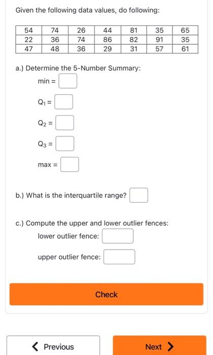 Solved Given the following data values, do following: a.) | Chegg.com