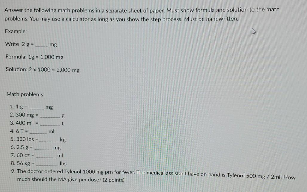 Solved Answer the following math problems in a separate | Chegg.com