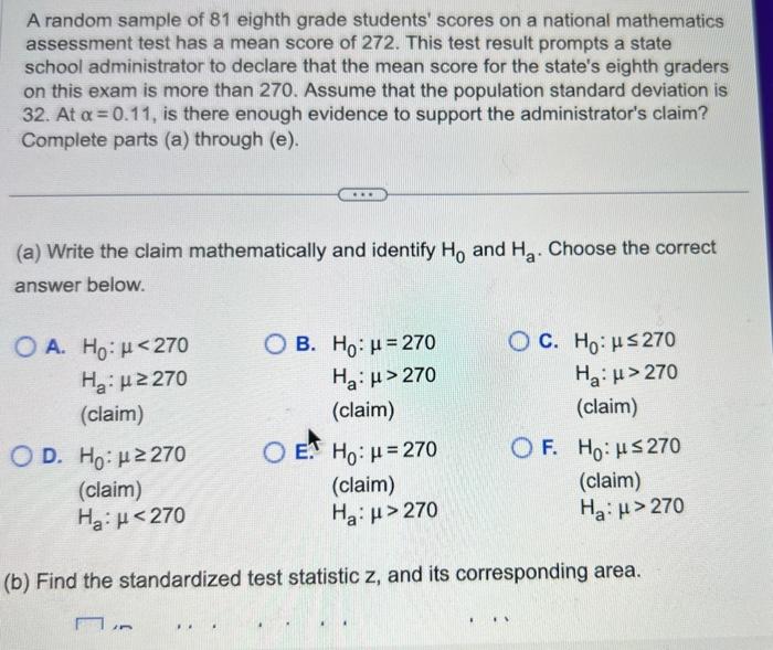 Solved A random sample of 81 eighth grade students' scores | Chegg.com