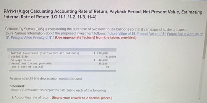 Solved PA11-1 (Algo) Calculating Accounting Rate of Return, | Chegg.com