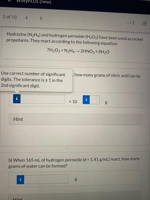 Solved Hydrazine (N2H4) and hydrogen peroxide (H2O2) have | Chegg.com