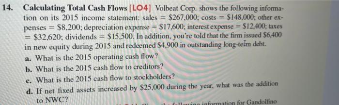 Solved 14. Calculating Total Cash Flows [LO4] Volbeat Corp. | Chegg.com