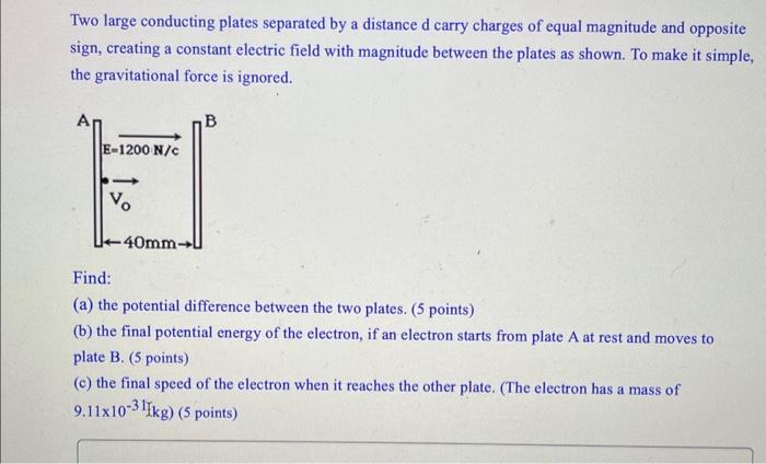 Solved Two large conducting plates separated by a distance d | Chegg.com