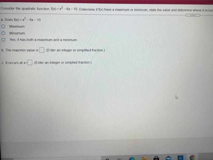 Solved Consider the quadratic function, f(x) = x2 - 6x - 10 | Chegg.com